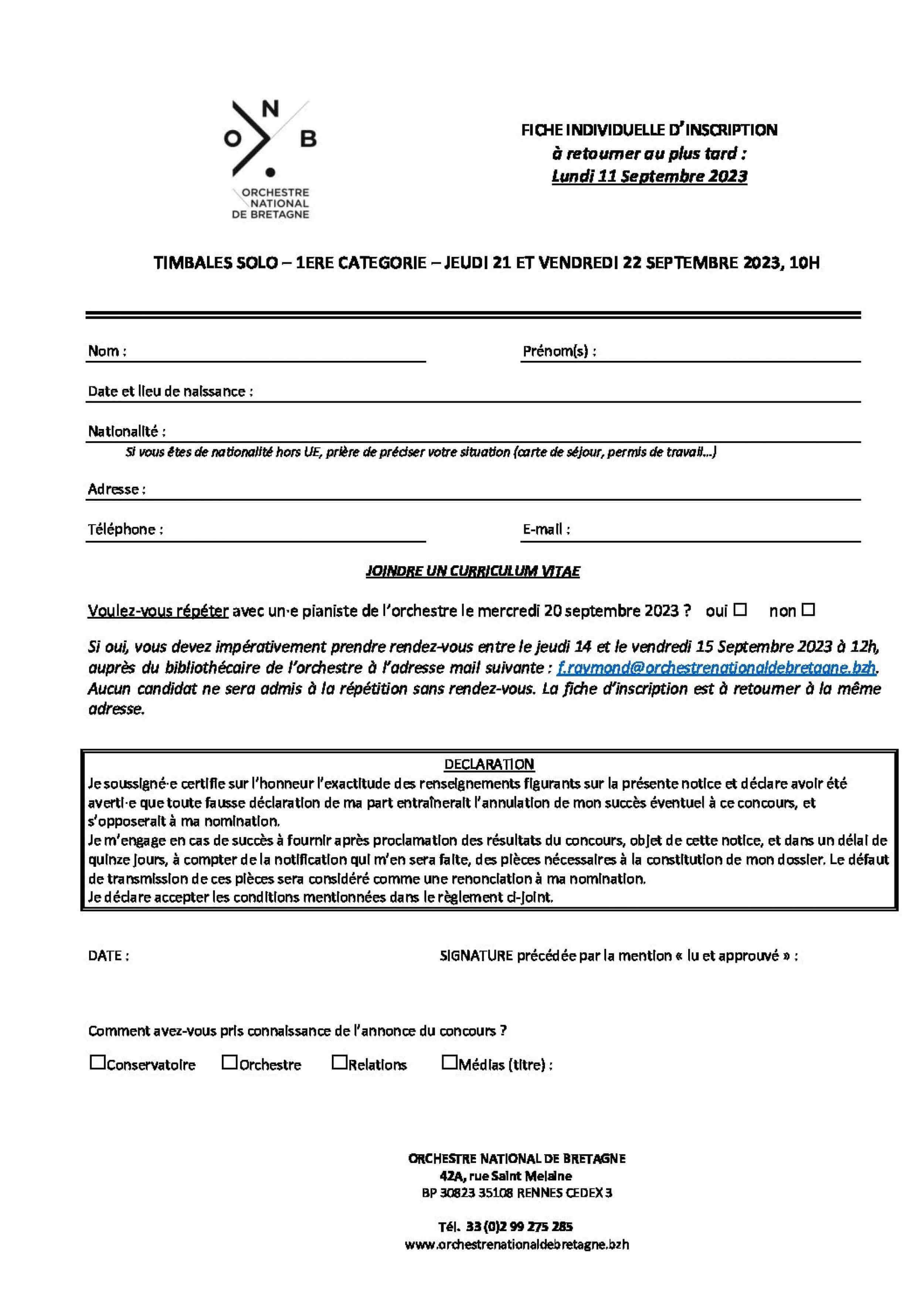 2023 Fiche d inscription concours Timbales | Orchestre National de Bretagne 2023 Fiche d inscription concours Timbales | Orchestre National de Bretagne